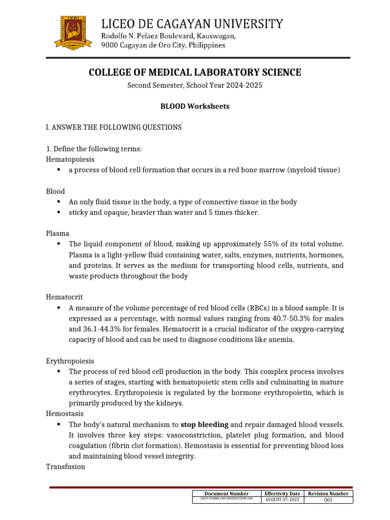 Blood Science Worksheet for Students | PDF | Hemoglobin | Blood