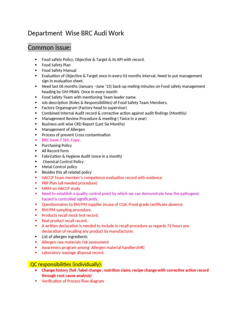 Department Wise BRC Audi Work | PDF | Food Safety | Hygiene