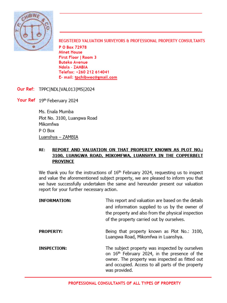 Valuation Report - Mikomfwa_DRAFT | PDF | Real Estate Appraisal | Insurance