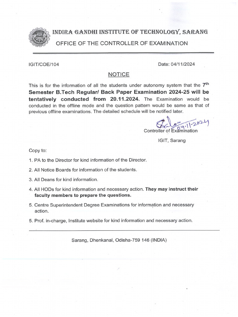 Notice For Conduct of 7th Semester Btech Regular and Back Paper ...
