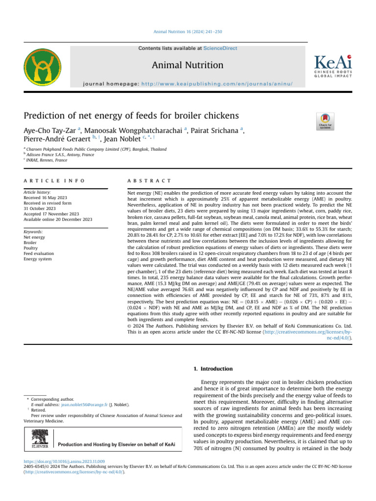 2024, Prediction of Net Energy of Feeds For Broiler Chickens | PDF | Flour | Dietary Fiber