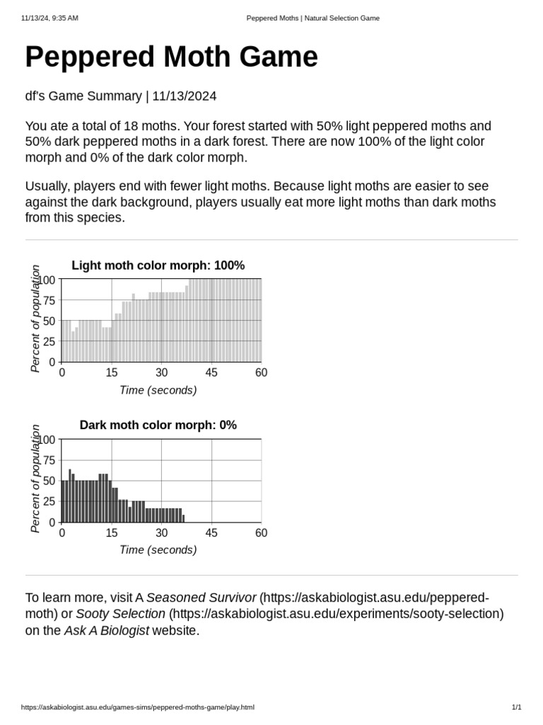 Peppered Moths - Natural Selection Game | PDF