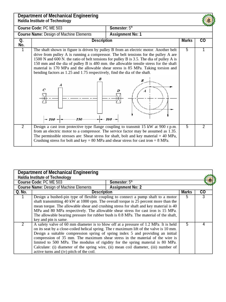 Design of Machine Elements Assignments | PDF | Strength Of Materials | Stress (Mechanics)