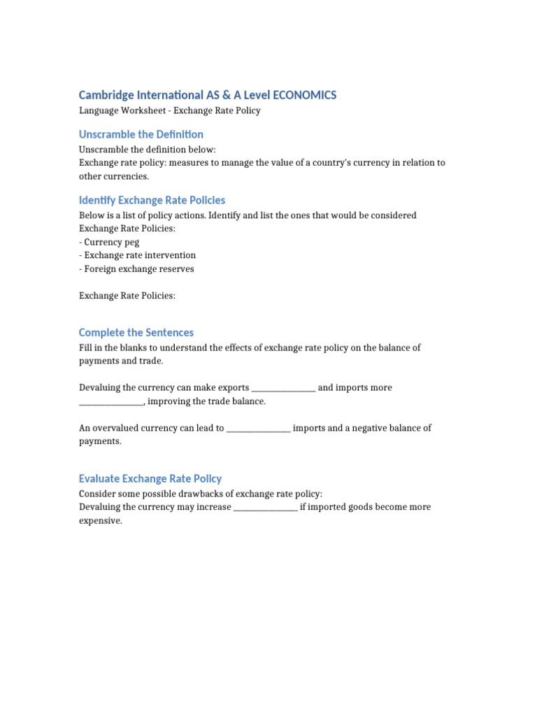 Exchange Rate Policy Worksheet | PDF