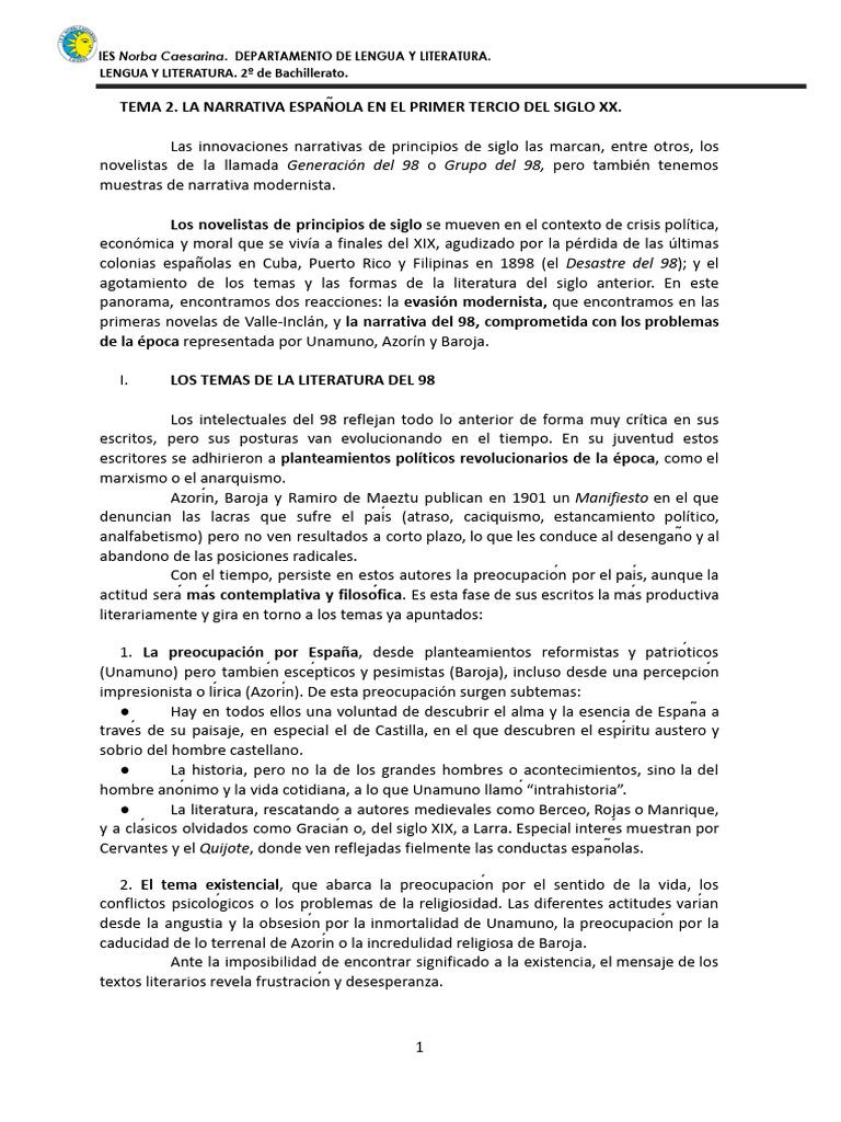 Tema 2. La Narrativa en El Primer Tercio Del Siglo XX | PDF | Novelas