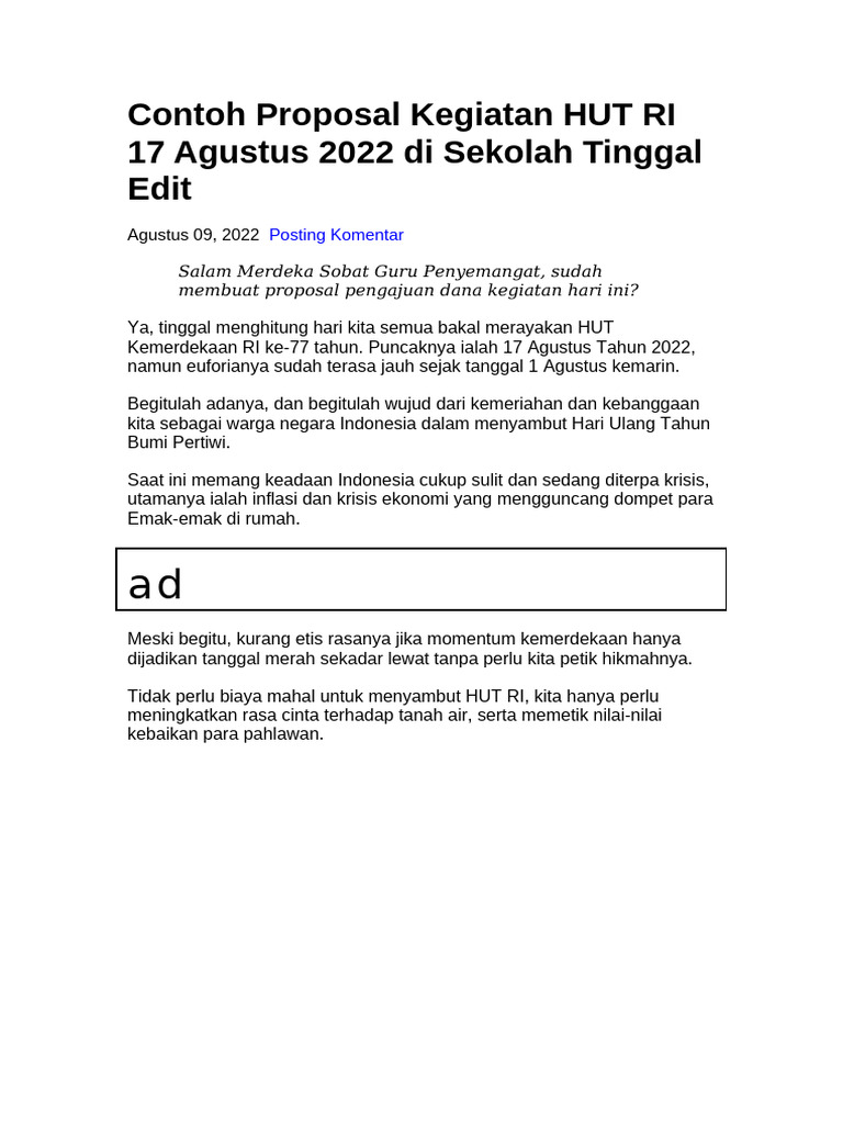 Proposal Kegiatan HUT RI 2022 di Sekolah | PDF