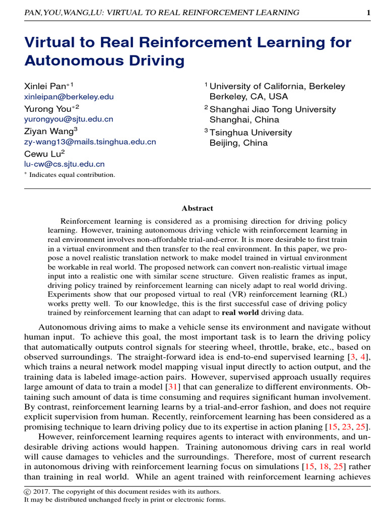 Virtual To Real Reinforcement Learning For Autonomous Driving | PDF ...