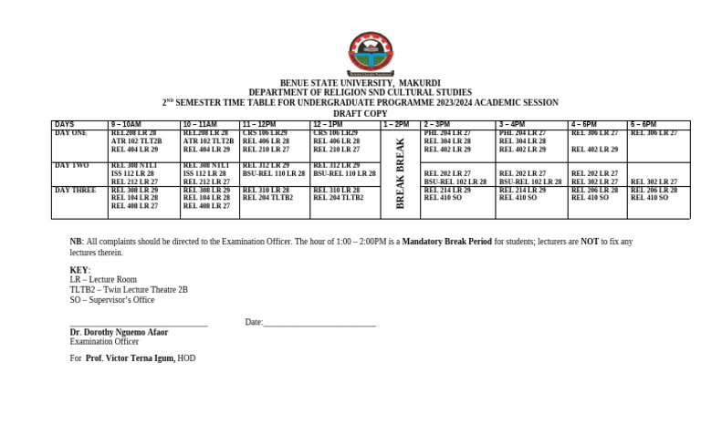 Rcs Second Semester Timetable 2023 - 2024 | PDF