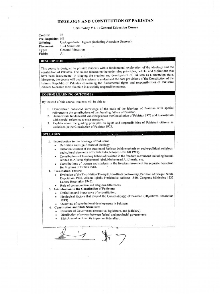 HEC Model Gen Edn Course - Ideology and Constitution of Pakistan | PDF