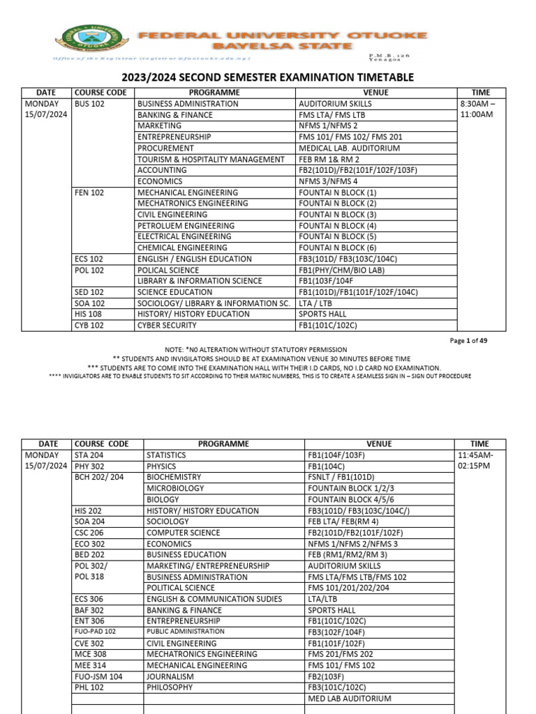 2023 - 2024 Second Semester Examination Timetable | PDF | Engineering ...