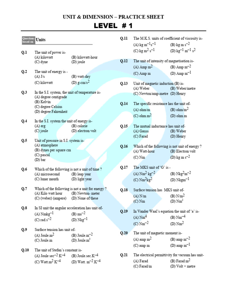 Unit & Dimension - Practice Sheet | PDF | Metrology | Quantity