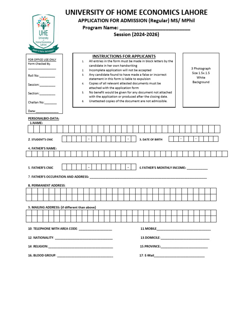 MS MPhil Admission Form 2024 | PDF