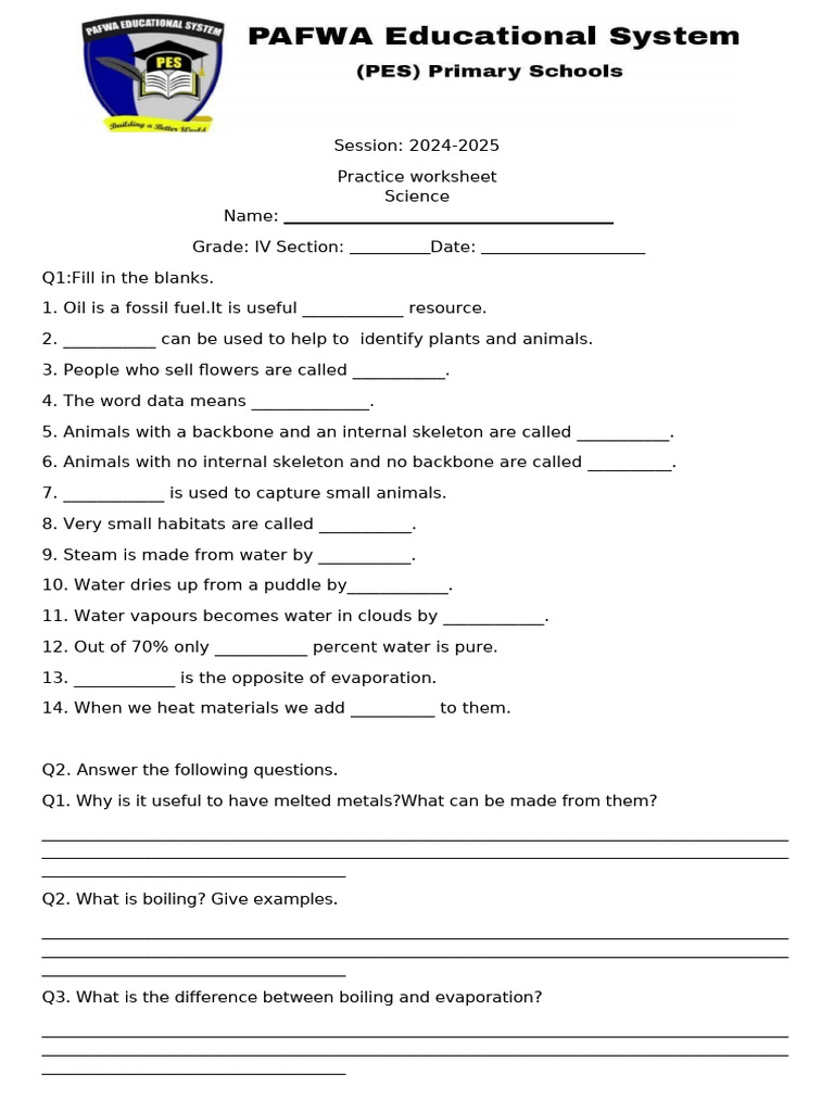 Grade IV Science Practice Worksheet | PDF | Water | Nature