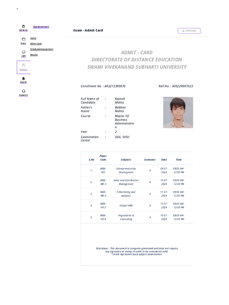 Exam - Admit Card - Swami Vivekanand Subharti University | PDF | Master ...