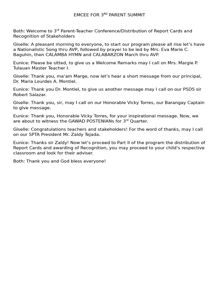 Emcee For 3RD Parent Summit | PDF