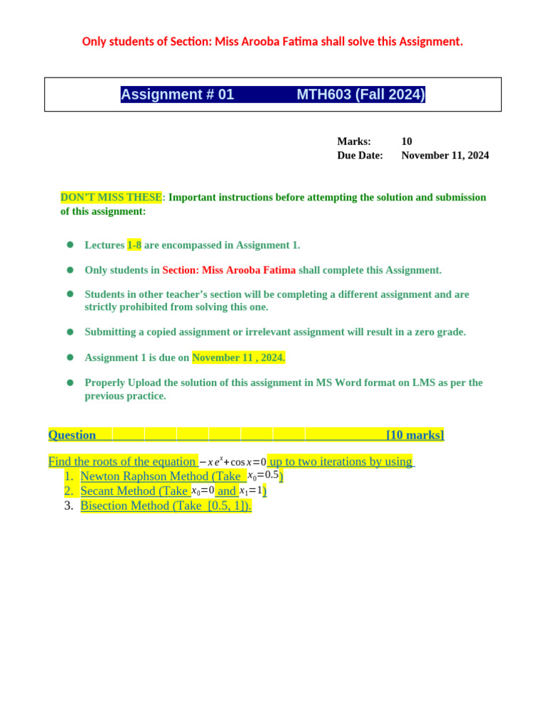 MTH603 Assignment 1 Arooba Fatima (BSCS) . | PDF
