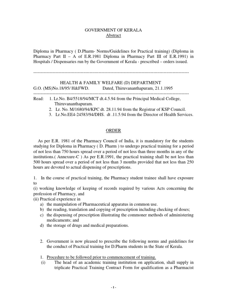 D.Pharm Practical Training Guidelines | PDF | Pharmacy | Pharmacist