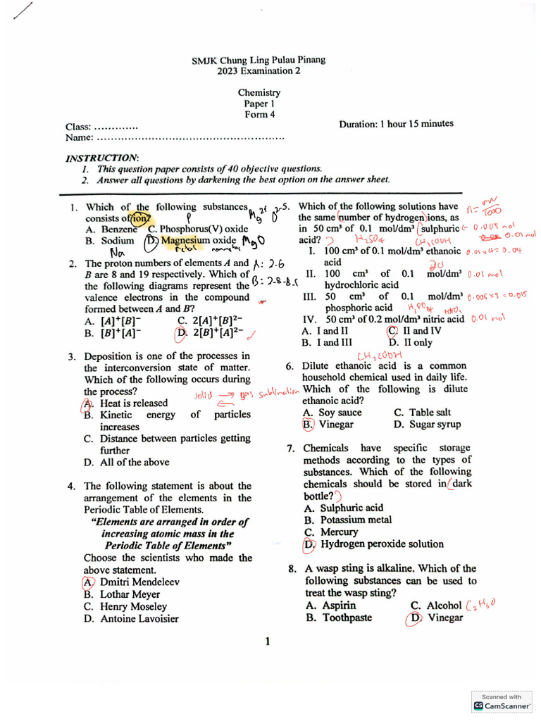 Clhs f4 Chem Exam 2 2023 Paper 1 2 | PDF