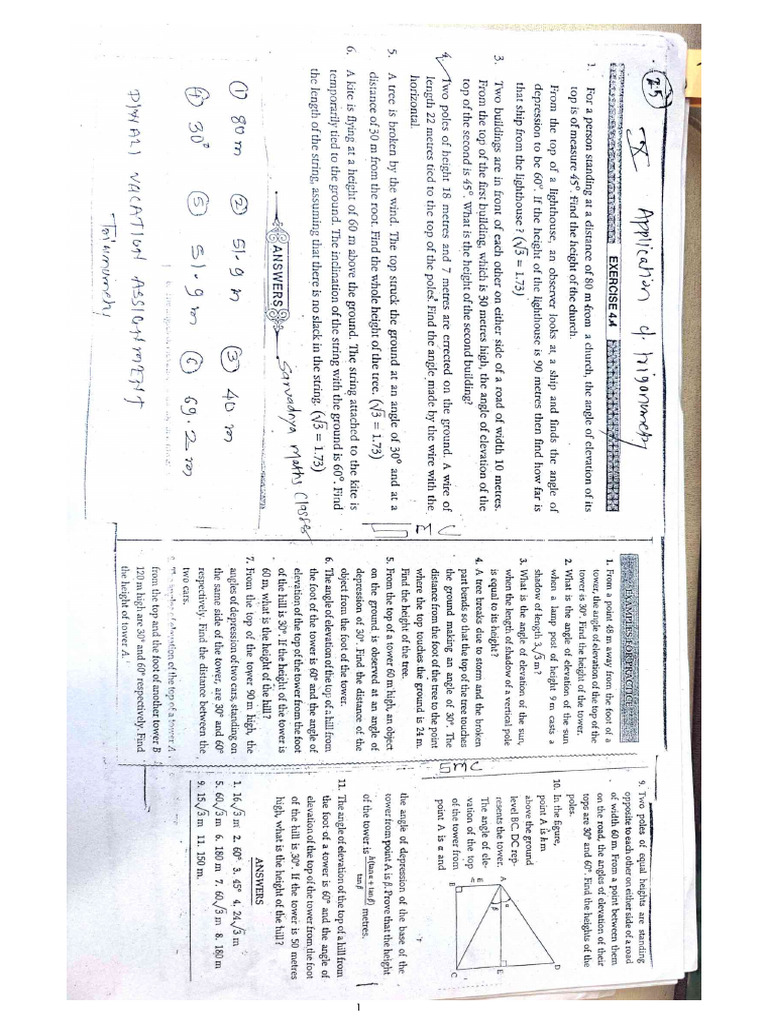 10th Diwali Assi. Trigonometry - 1 | PDF