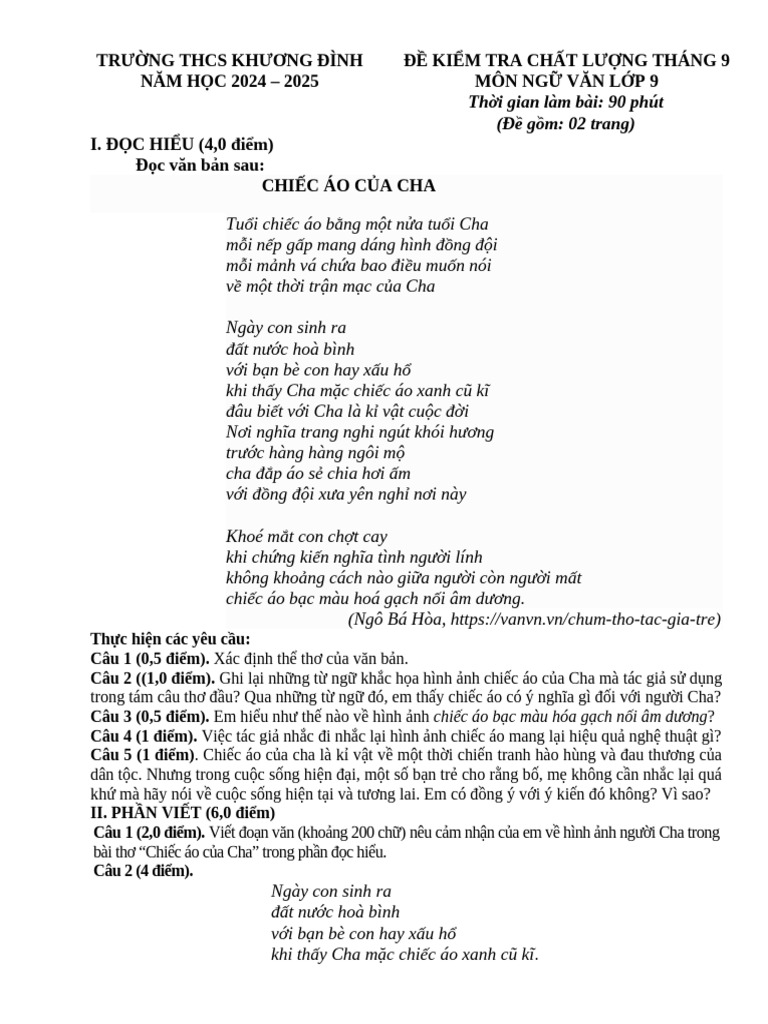 TH Y. Văn 9 Thi KS Tháng 9 | PDF