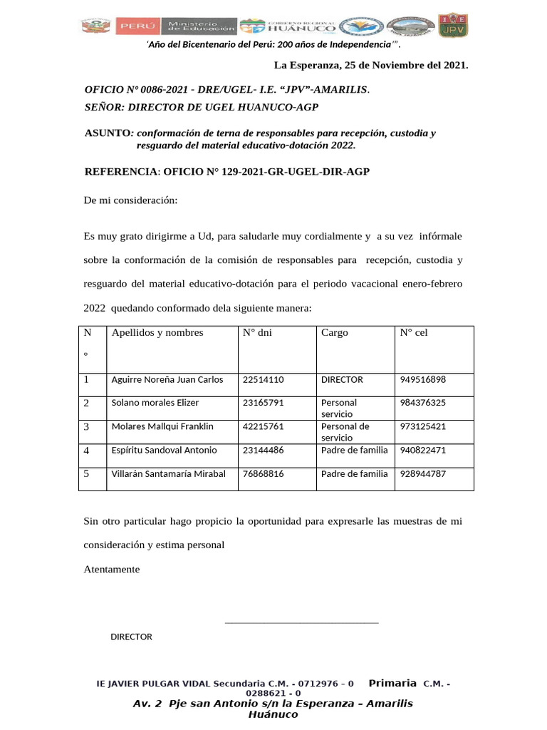 Oficio N° 086 - 2021 IE JPV | PDF