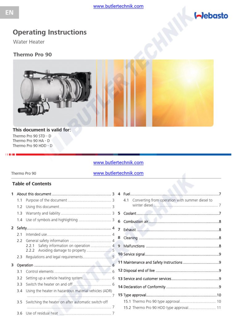 Webasto Thermo Pro 90 Operating User Manual | PDF | Diesel Fuel ...