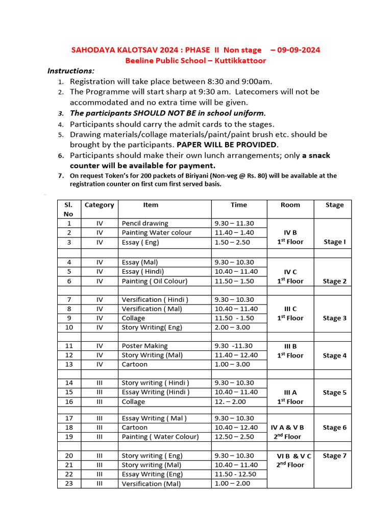 Sahodaya Kalotsav 2024 Schedule | PDF