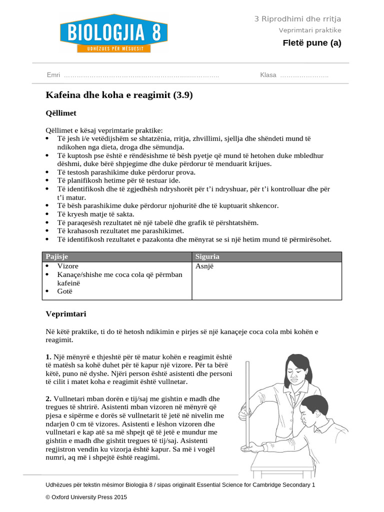 8.veprimtari Praktike Fletë Pune (A) Kafeina Dhe Koha e Reagimit (Mësimi 3.9) | PDF