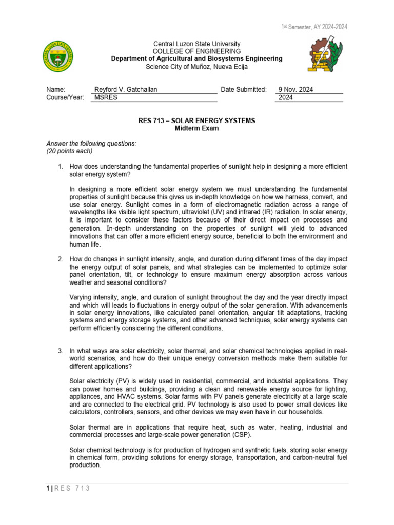 RES 713 1st Sem 24 25 Midterm Exam Gatchallan | PDF | Photovoltaics | Solar Power