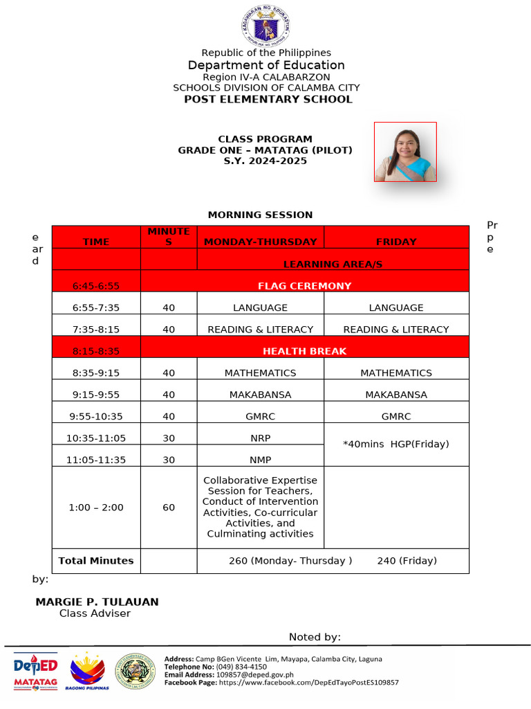 Class Program - 2024 - Matatag | PDF | Writing | Reading (Process)