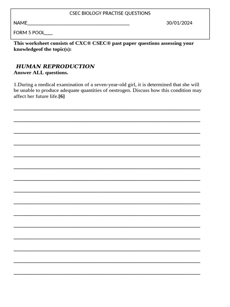 F5 Csec Biology Reproduction Work Sheet | PDF | Medical Specialties ...