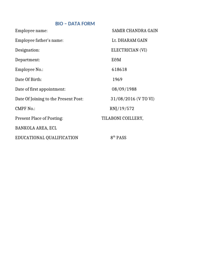 Bio Data Form | PDF