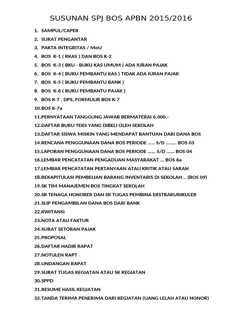 Susunan SPJ Bos Tahun 2015-2016-2017 | PDF | Pengelolaan Keuangan & Uang