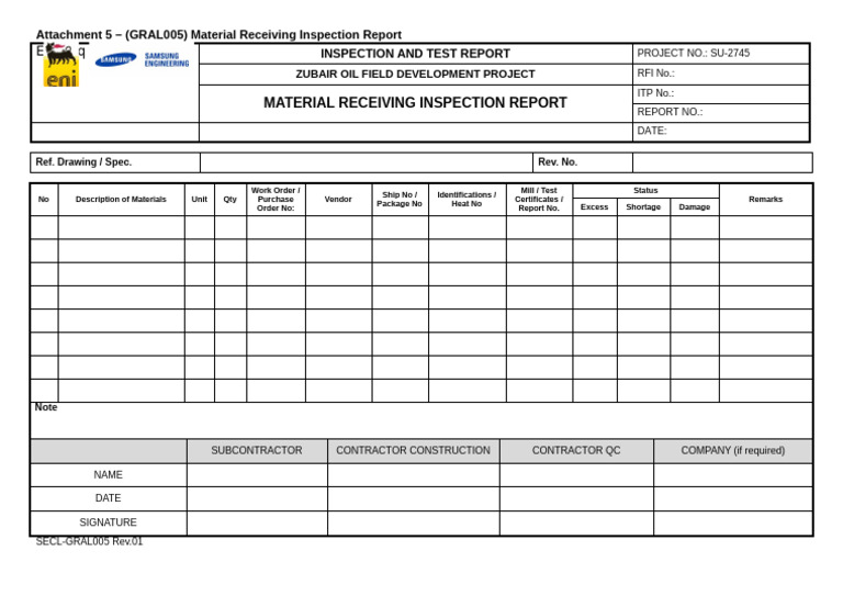 Attachment 5 - (SECL-GRAL005) Material Receiving Inspection Report Rev ...