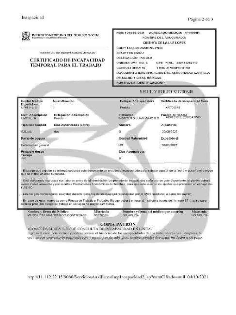 Incapacidad Imss | PDF