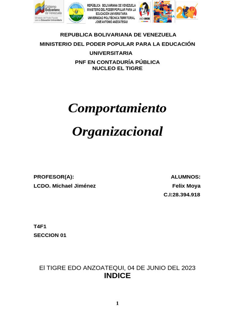 Tarea 1. Felix Moya (Individual) CP - 01 T4F1 Comportamiento Organizacional | PDF ...