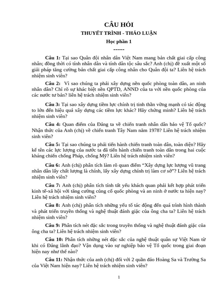 01 - Câu Hỏi HP1 | PDF