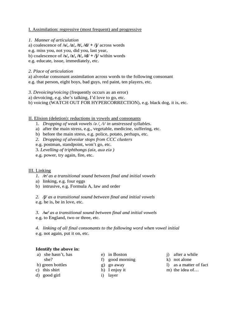 Handout On Assimilation and Linking Processes Summary | PDF