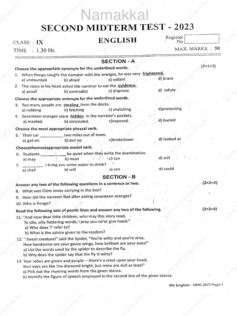 9TH English Namakkal SECOND MID TERM EXAM QUESTION PAPER | PDF