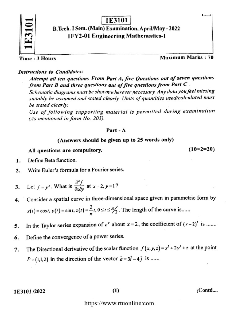 Btech 1 Sem Engineering Mathematics 1 1e3101 May 2022 | PDF