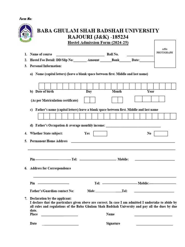 Baba Ghulam Shah Badshah Hostel Form | PDF