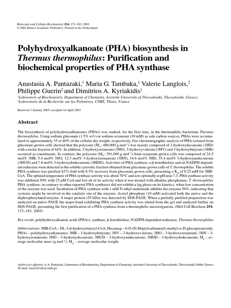 Polyhydroxyalkanoate (PHA) Biosynthesis In: Purification and Biochemical Properties of PHA ...