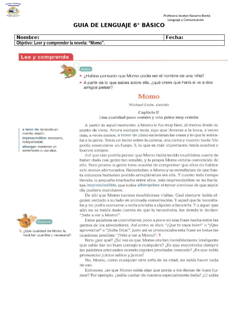 Guia de Aprendizaje 6° Basico Lunes 25 de Marzo Novela Momo | PDF ...