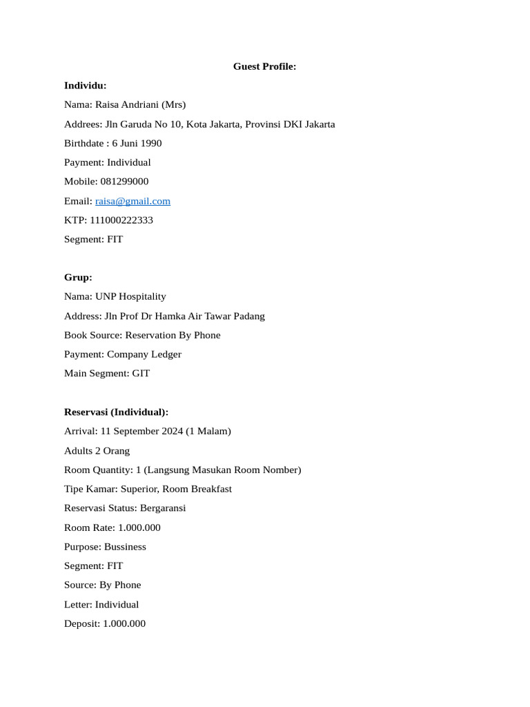 Guest Profile Reservasi | PDF