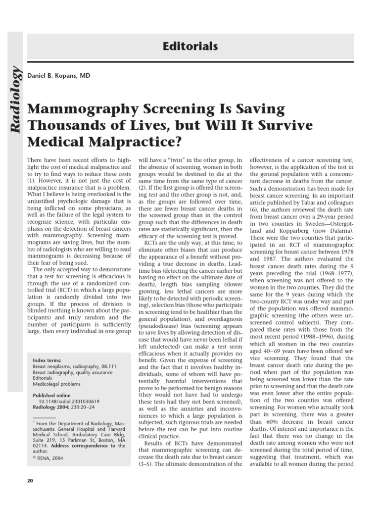 Kopans 2004 Mammography Screening Is Saving Thousands of Lives But Will ...