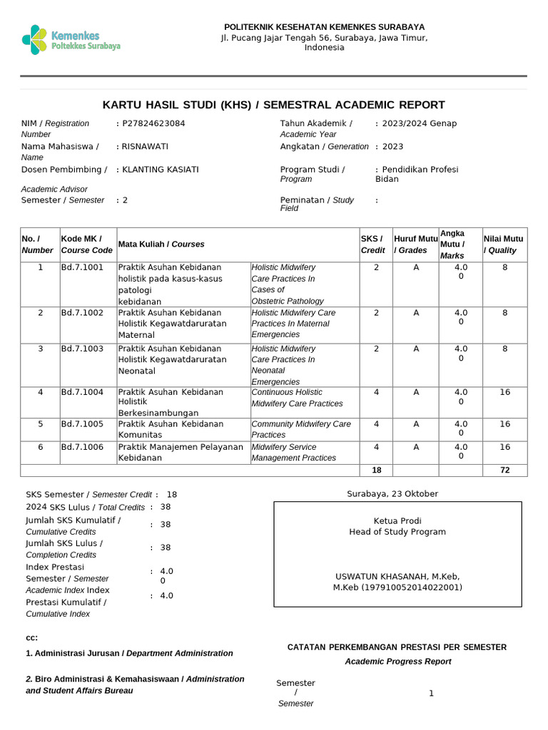Politeknik Kesehatan Kemenkes Surabaya - Kartu Hasil Studi (KHS) - Semestral Academic Report ...