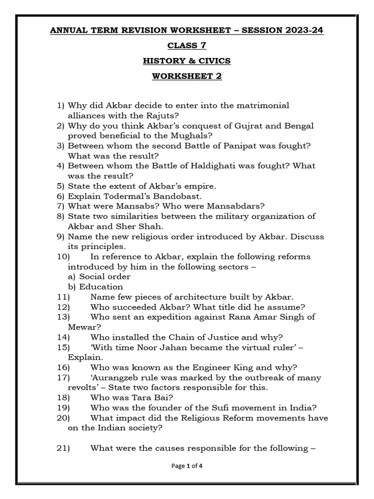 Class 7 History & Civics Worksheet 2 - Final Term | PDF | Politics ...