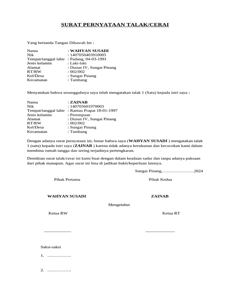 Surat Pernyataan Talak | PDF
