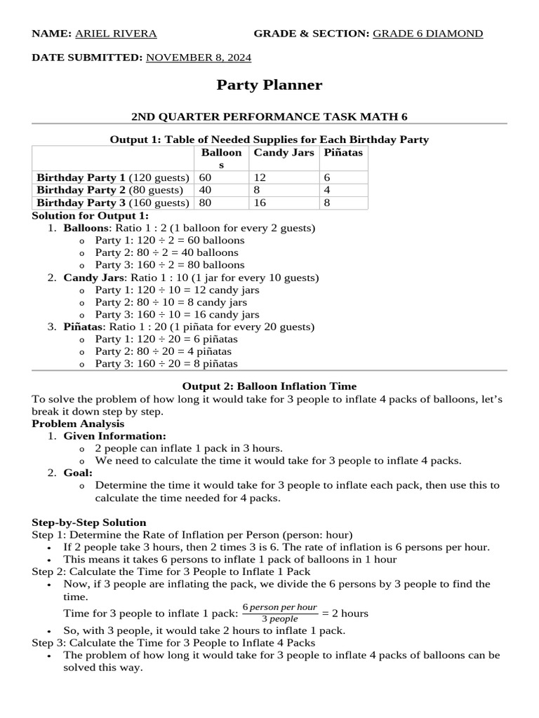 Math 6 Sample Output Party Planner | PDF | Cooking, Food & Wine