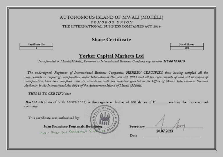 Share Certificate for Yorker Capital Markets | PDF